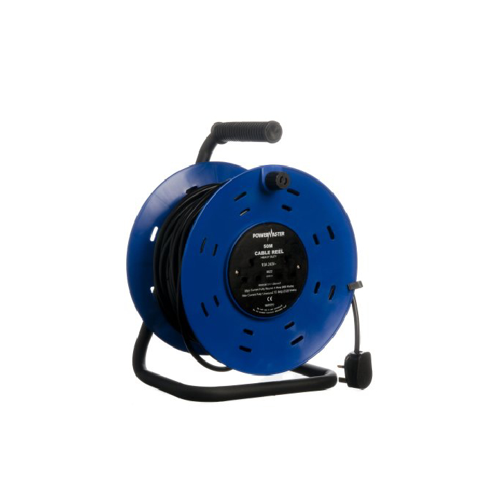 Powermaster 50m Open Cable Reel Cassette - 13 Amp 2 Gang - Blue | Telfords